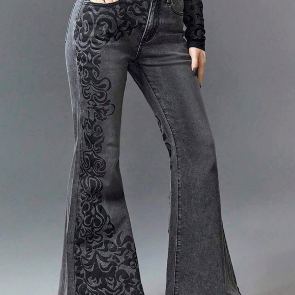 SHEIN | Jeans | Shein Dark Gray Flare Jeans With Black Design | Poshmark